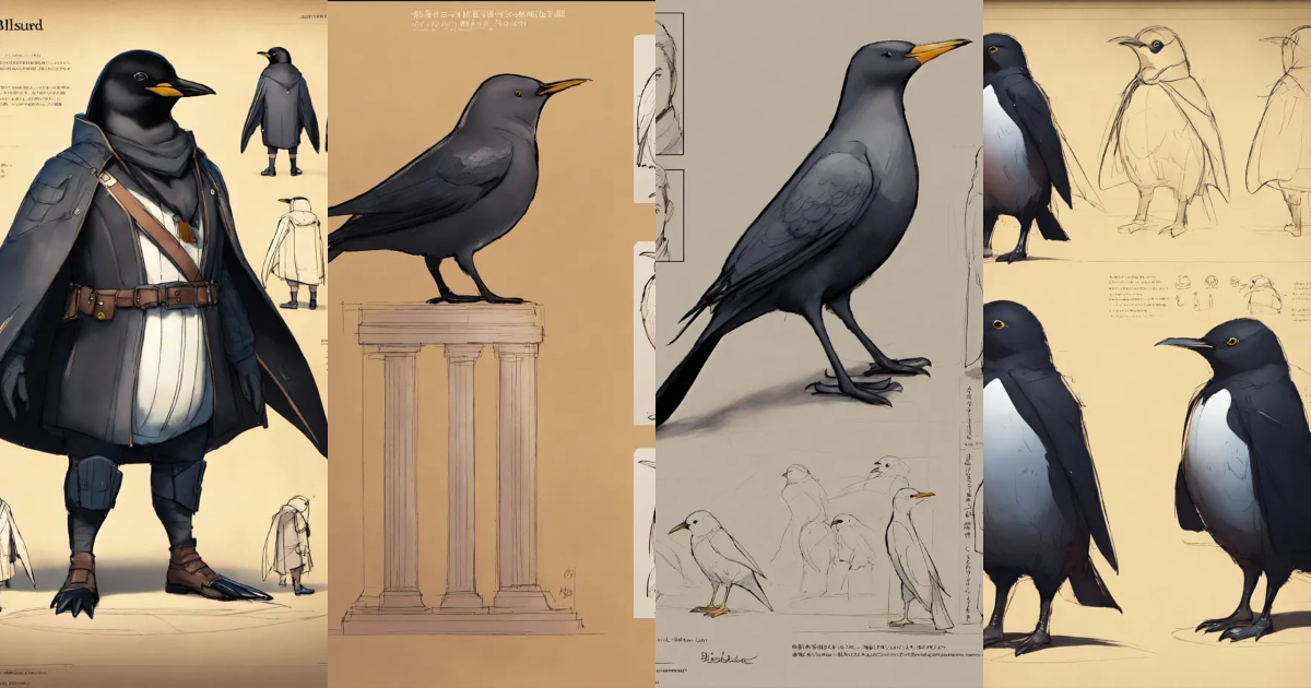 Lexica - Design of blackbird looks like a penguin, full character, model sheet, pencil sketch ...