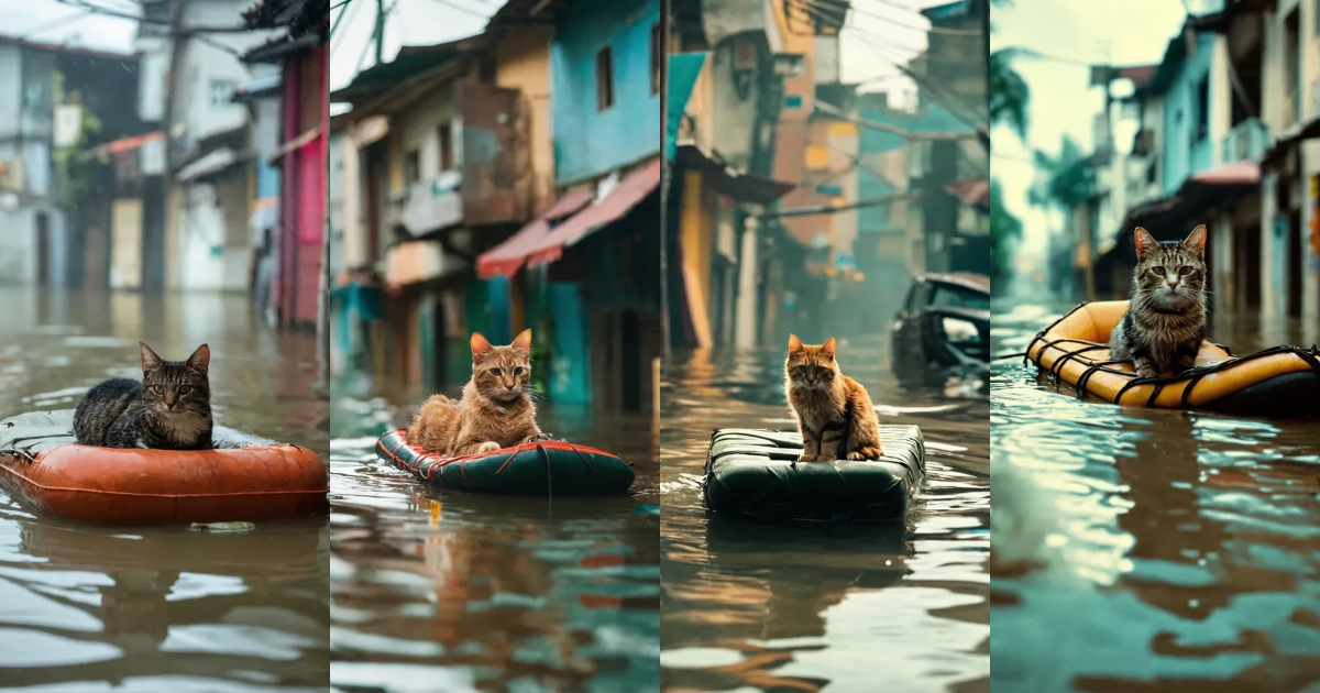Lexica - A cat floats on a raft along the street of a flooded city.