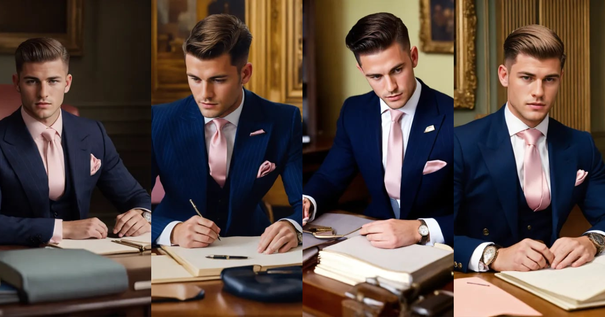 Lexica - A young British muscled gentleman in navy pinstripe suit, pale pink tie, pompadour ...