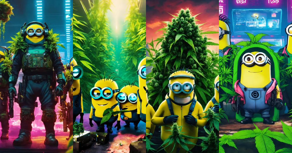 Lexica - Cyberpunk poster of 4 minions surrounded by cannabis plants