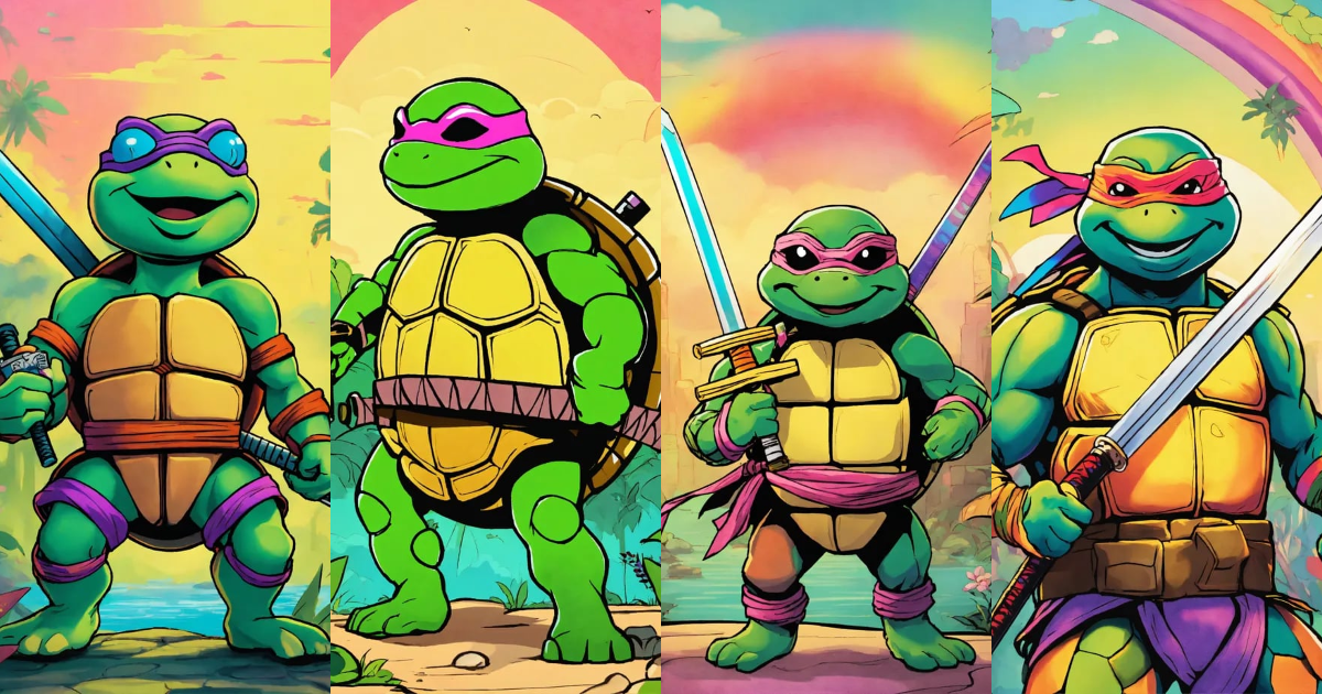 Lexica - A smiley ninja turtle with two katana in the hand and a pastel ...