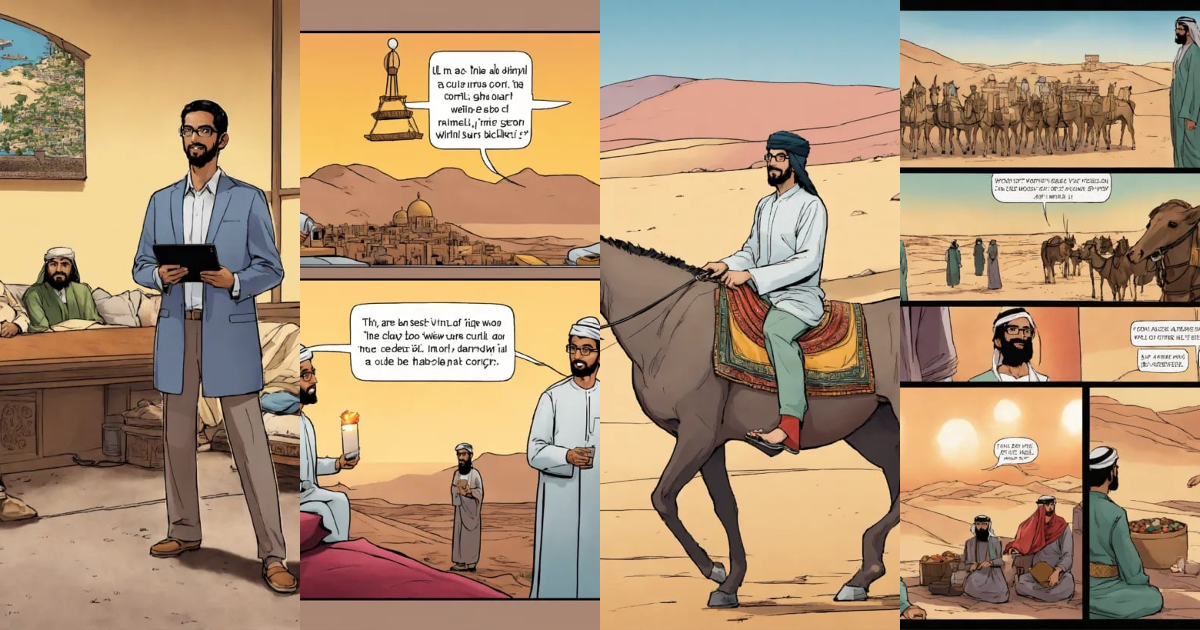 Lexica - Sundar Pichai comic strip of Arabs figur scene