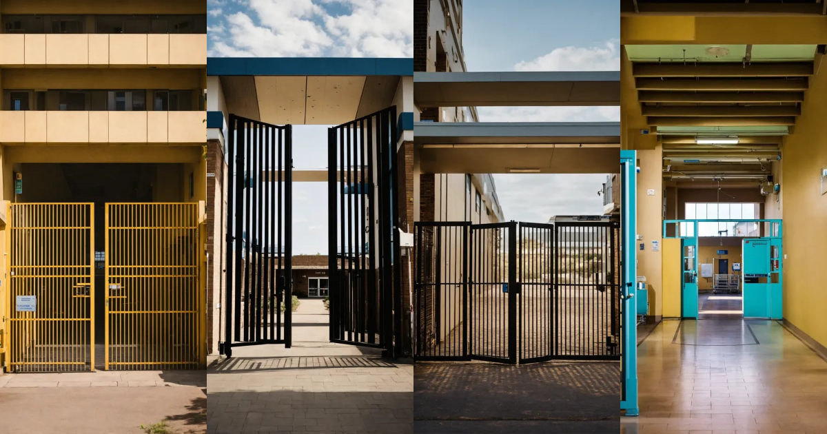 Lexica - A hospital from the outside with a wide open gate