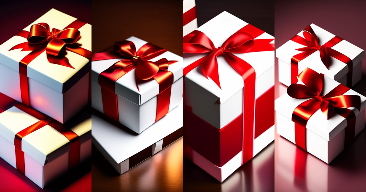 Lexica - Open gift white box with glow inside, red undone ribbon