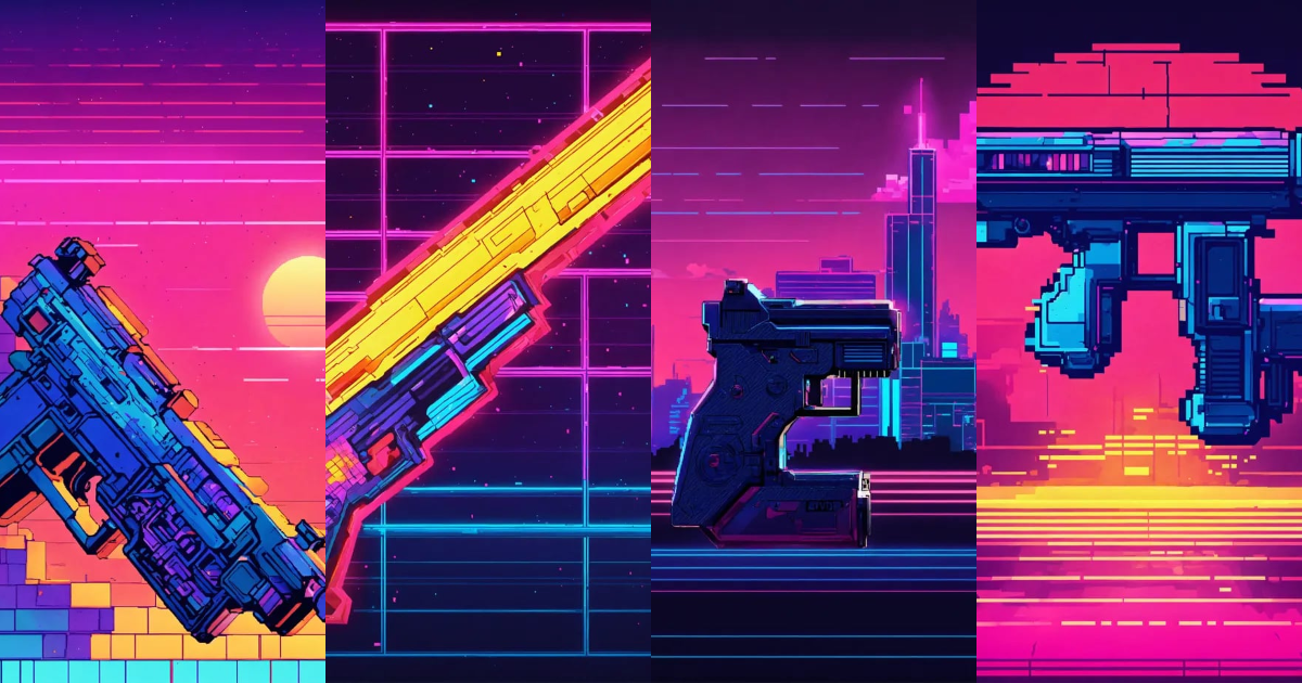 Lexica - Pixelated gun lineart retrowave