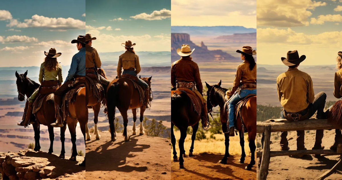 Lexica - A retro photograph of a cowboy and cowgirl sitting on horses ...
