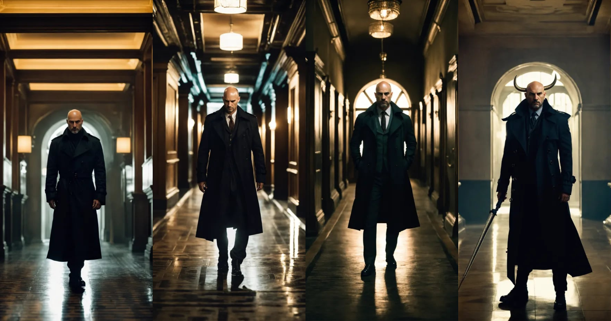 Lexica - A stoic, handsome bald man with minotaur horns in a black ...