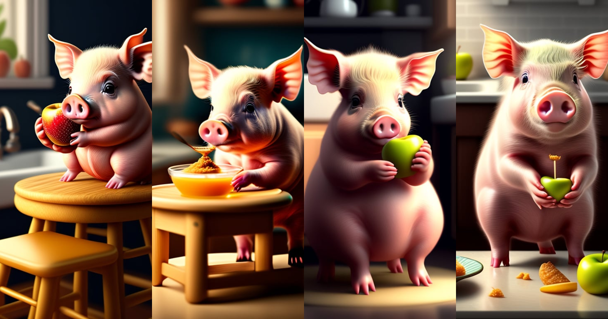 Lexica - Cute little pig eating applesauce while sitting on a stool in ...