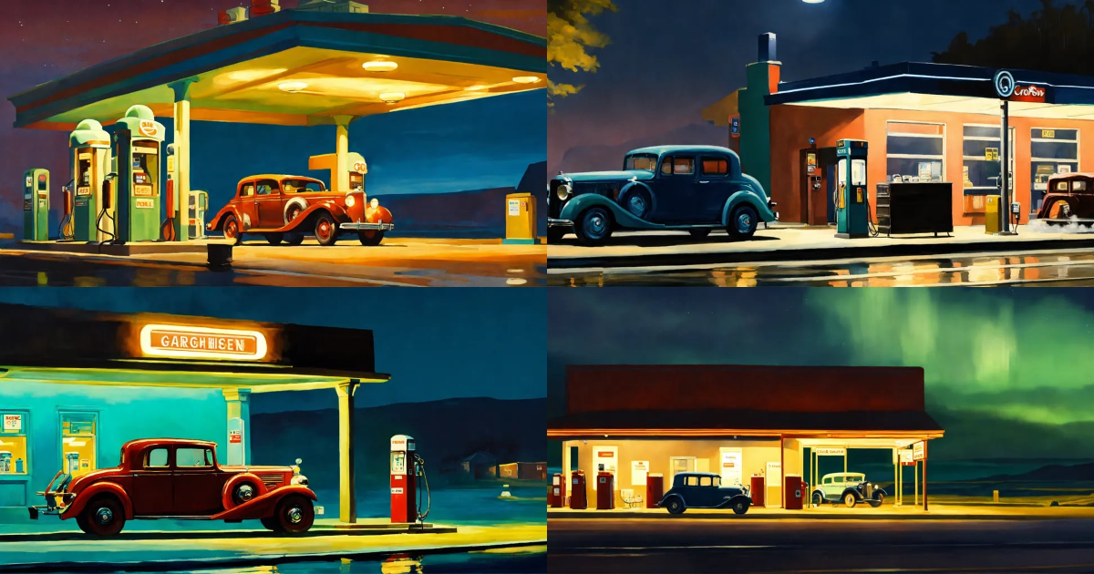 Lexica - Remote petrol station at night in light mist edward hopper ...