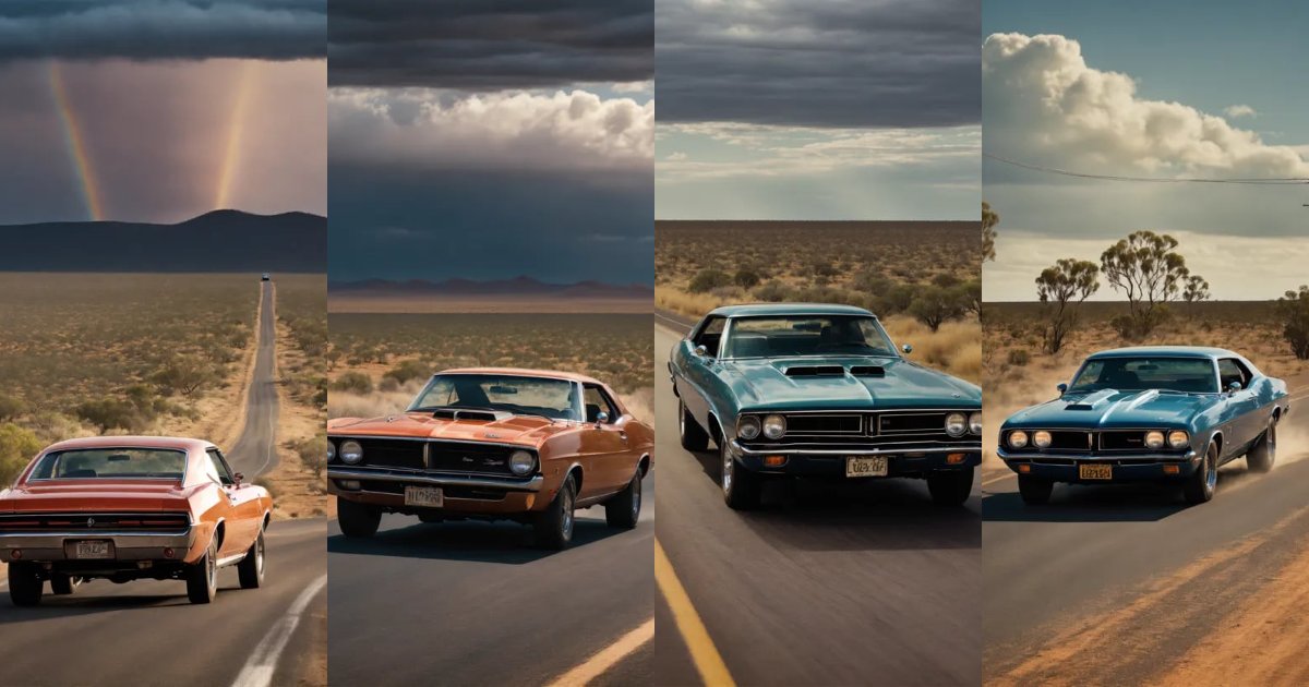 Lexica - A photograph of a classic muscle car driving on a wide road in ...