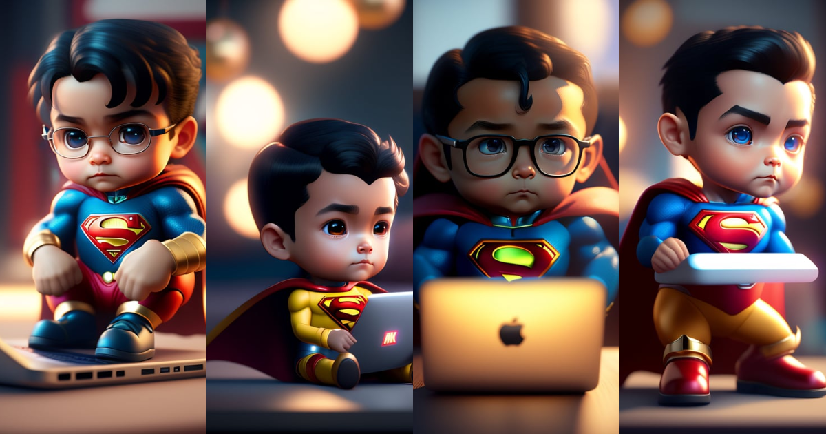 Lexica - Cute small humanoid superman sitting in front of laptop ...