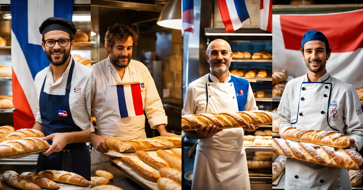 Lexica - French baker, holding a beautiful baguette in his bakery in ...