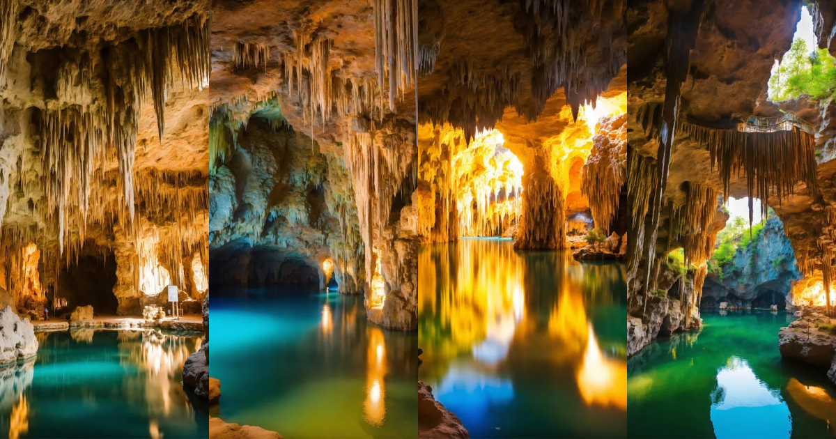 Lexica - The inside of a stunning grotto with a lake and stalactite ...