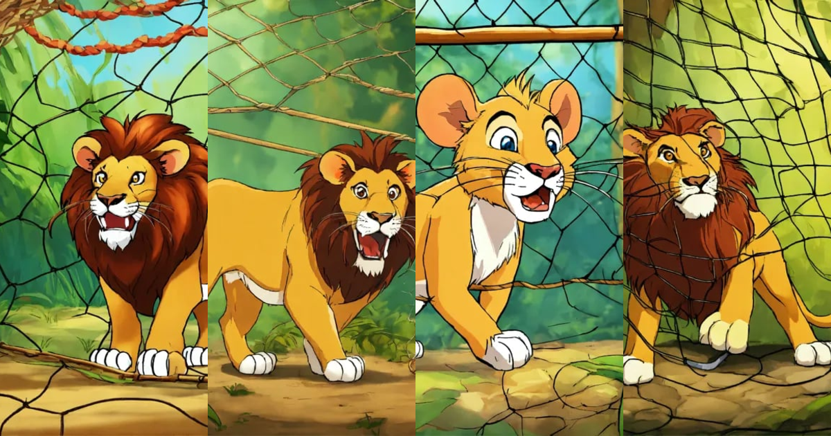 Lexica - Cartoon in jungle when lion trapped, with mouse sharp teeth ...