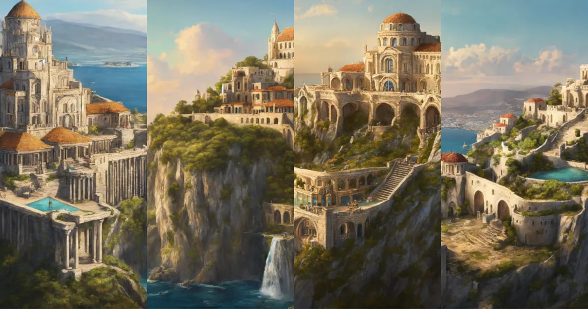 Lexica - Drawing of a fully shown elegant high elf sci fi castle on a ...