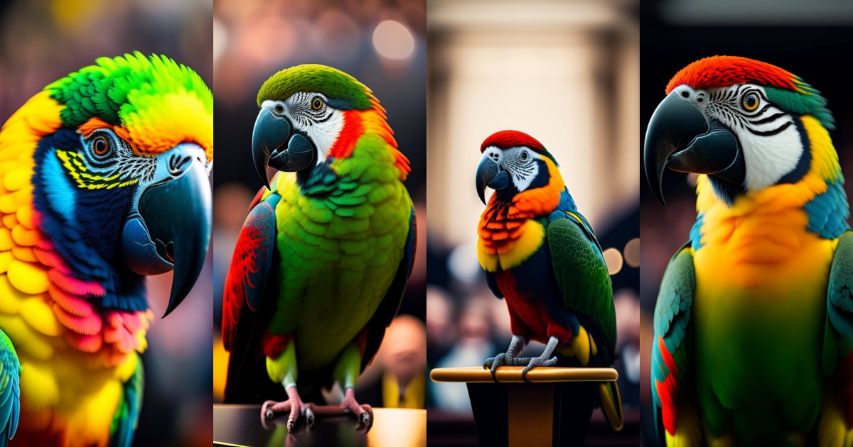 Lexica - Portrait of parrot on stage in front of crowd giving a speech