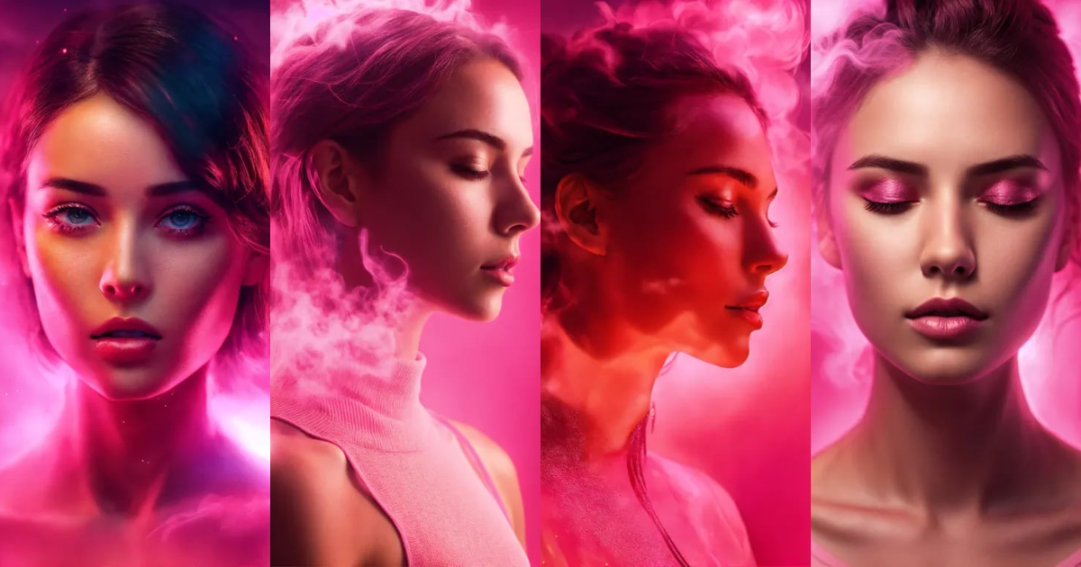 Lexica - Clear ambient glowing pink background, female steam breathing ...