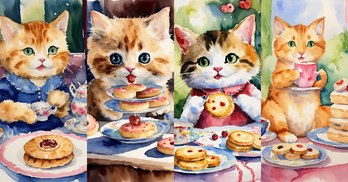Lexica - Happy cat eating jammy dodger at a tea party , watercolor