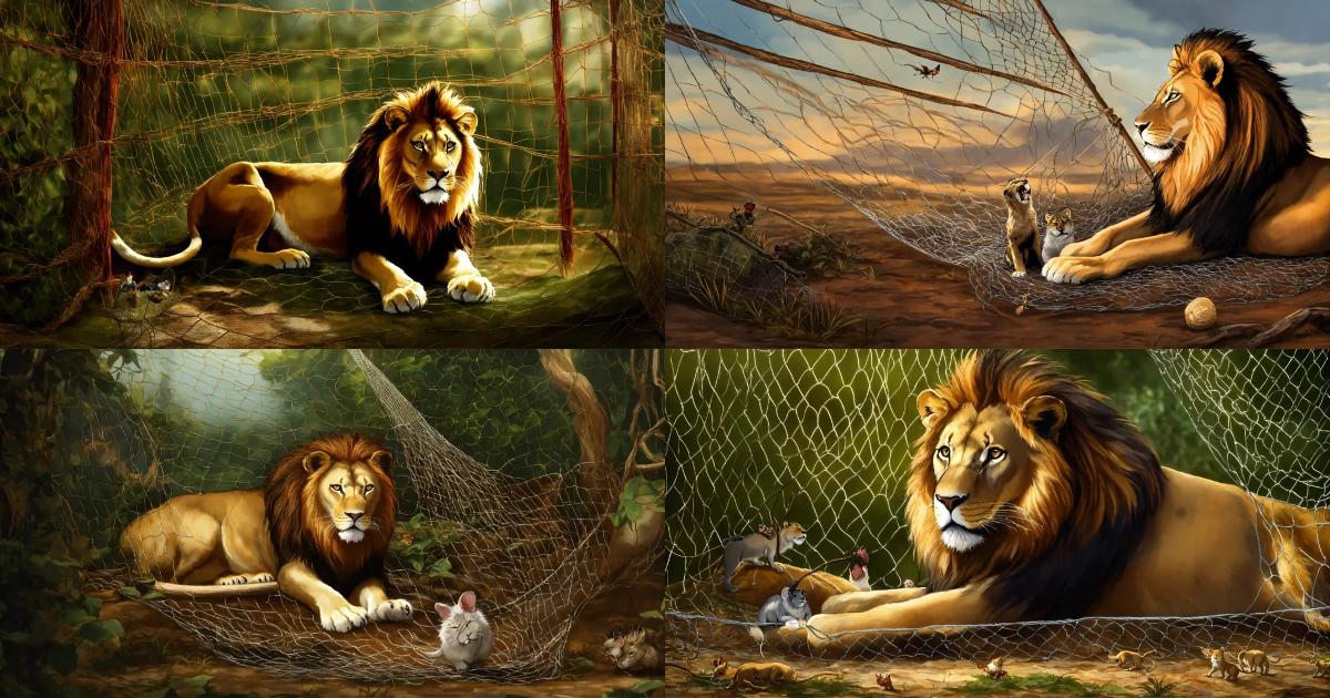 Lexica - Image of the lion trapped in a net, entangled in the net ...