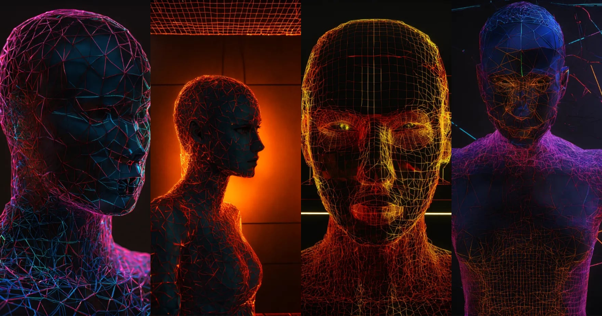 Lexica - Digital wire neon Fram human polygon 3d style on black net