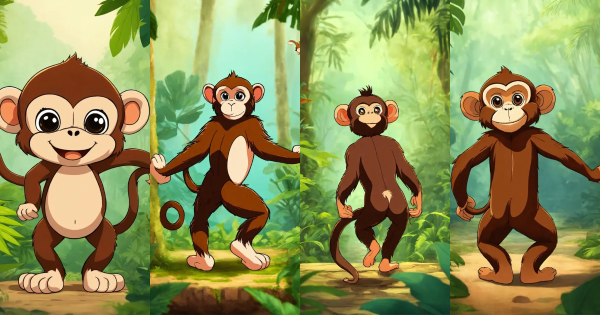 Lexica - Let cartoon cute monkey stand on two legs in jungle back view