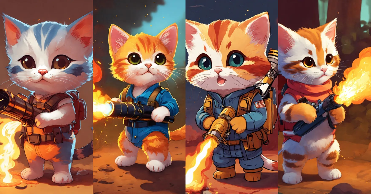 Lexica - Illustration of a cute kitten using a flamethrower
