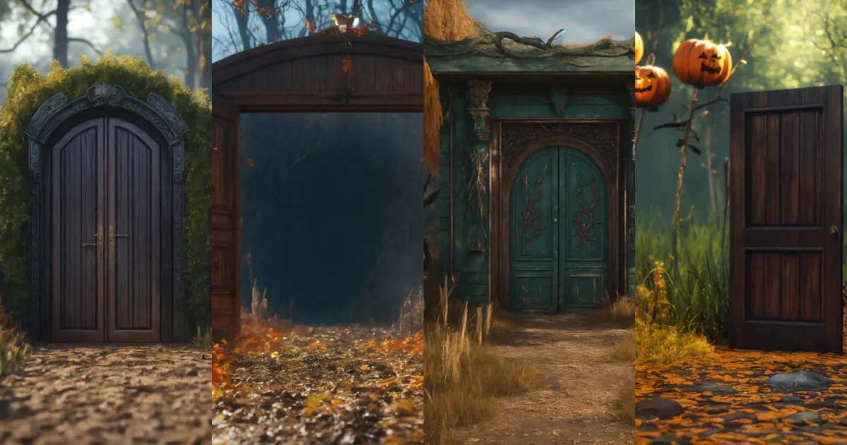 Lexica - 3D creepy haunted doors with engraved scarecrows in a wicked ...