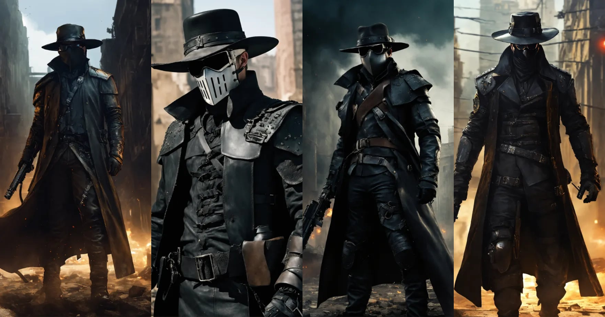 Lexica - In a ruined city, a white mercenary in an black armored back ...