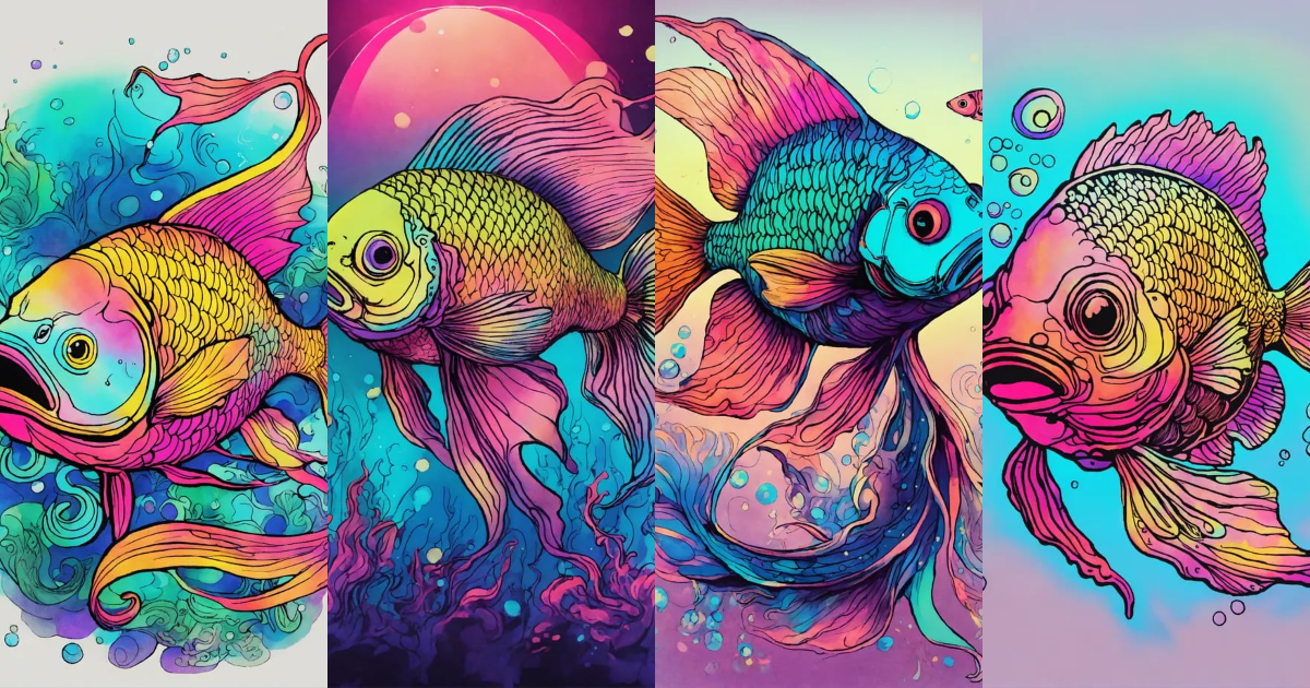 Lexica - INK DRAWING MYSTICAL fish in fluo colour blend NO BACKGROUND