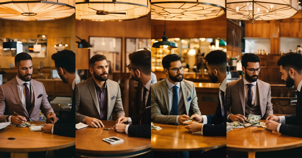 Lexica - A man paying money to a financial expert in a suit