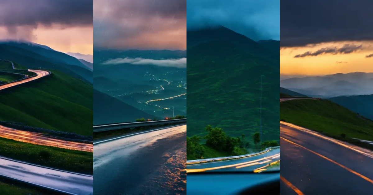 Lexica - View out car window with rain on glass at dusk, long winding ...