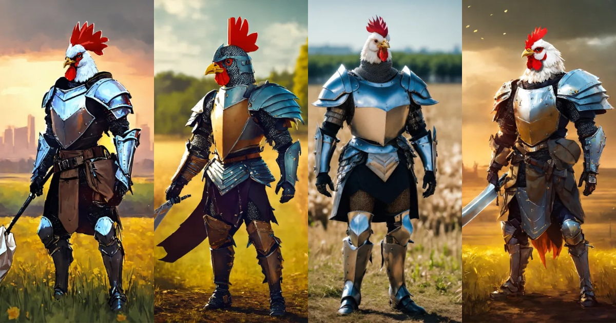 Lexica - Chicken knight in armour with white head standing in a field ...