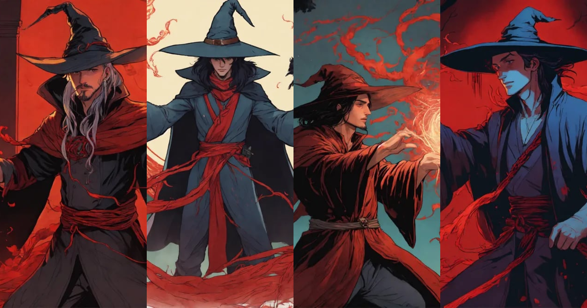 Lexica - A male witch casting a scourge of red tendrils outward from ...
