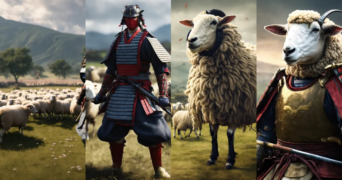 Lexica - Sheep samurai. Battlefield. Hyper realistic.