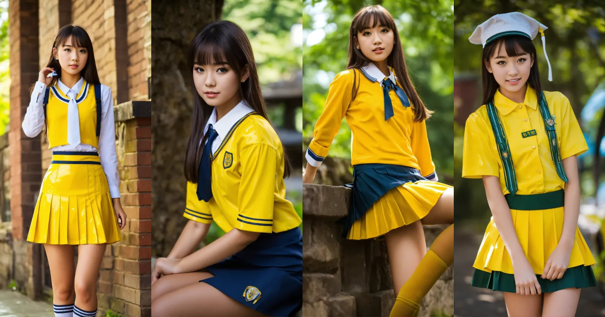 Lexica - Girl in glossy yellow school uniform miniskirt