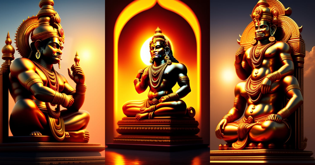 Lexica - Lord Hanuman sitting in sun light with temple