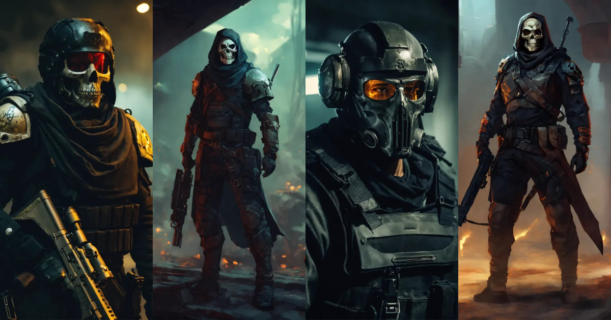 Lexica - Dark mercenary wearing a skull mask without jaw, distant view