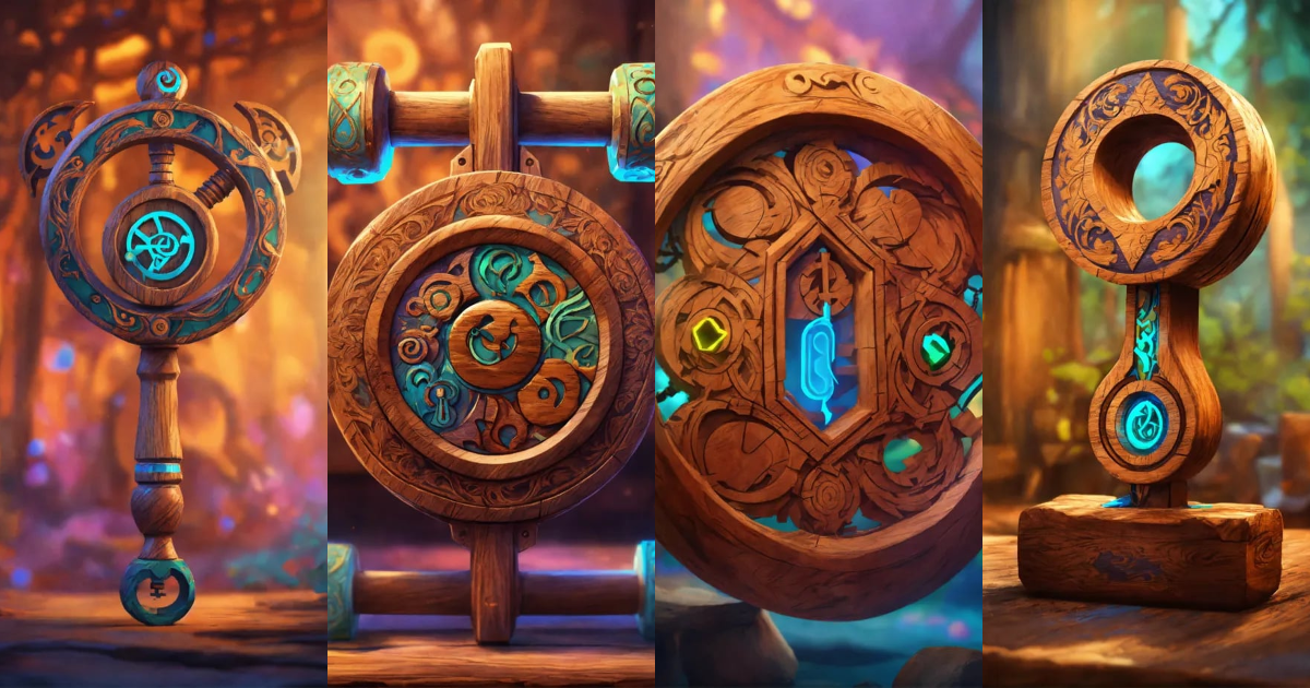 Lexica - Magical rune engraved wooden crank, crudely carved, wooden ...