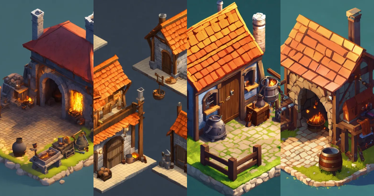 Lexica - Game art, blacksmith forge, isometric, full view, outside view ...