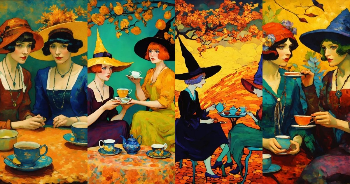 Lexica - Flapper witch having tea with another witch. Van Gogh Vibrant ...