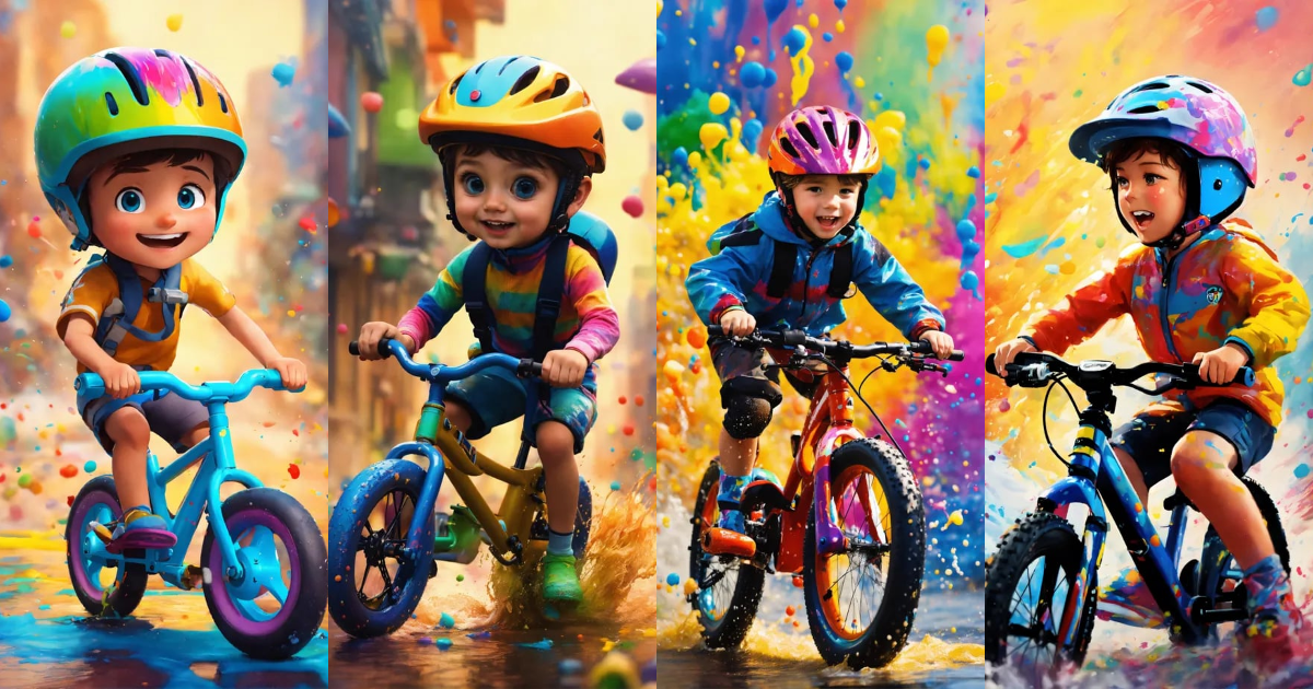 Lexica - A cute kid whit helmet in a bicycle raid a wave made of paint ...