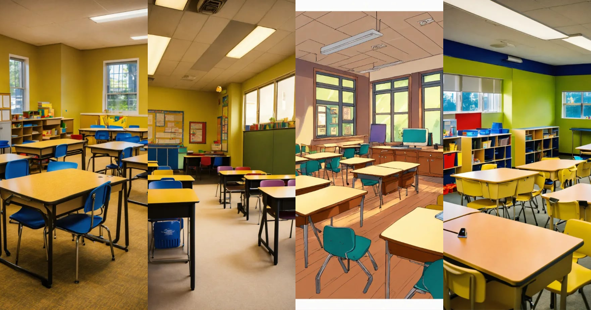 Lexica - A classroom with a teachers desk, and 5 student desks with 4 ...
