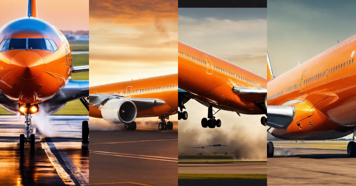 Lexica - Modern airplane, orange color, made of glass, touchdown, smoke ...