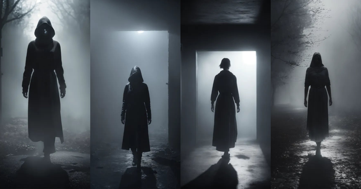 Lexica - Shadow figure woman emerging from the darkness, black and grey ...