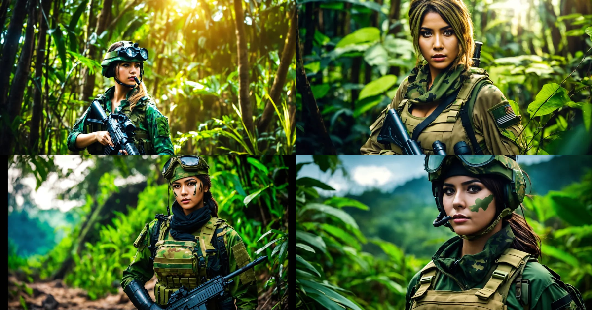 Lexica - Female commandos cosplay in jungle, perfect face, camouflage ...
