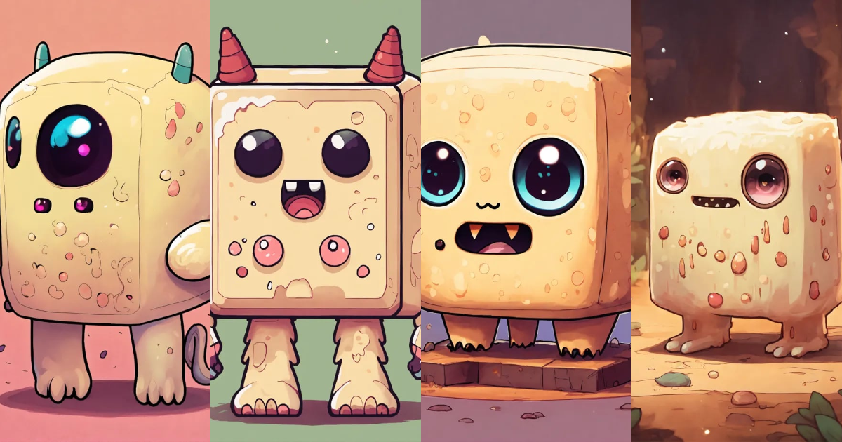 Lexica - A cream-colored kawaii rectangle monster. It has a pensive ...