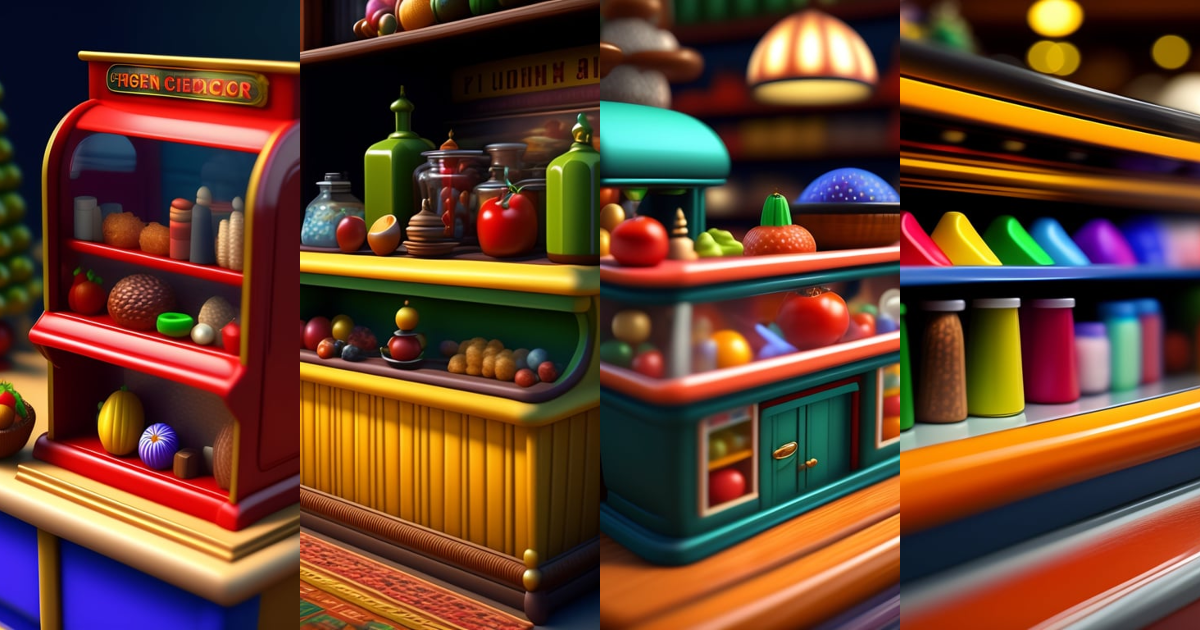 Lexica - Hidden object game scene, shop counter with toys