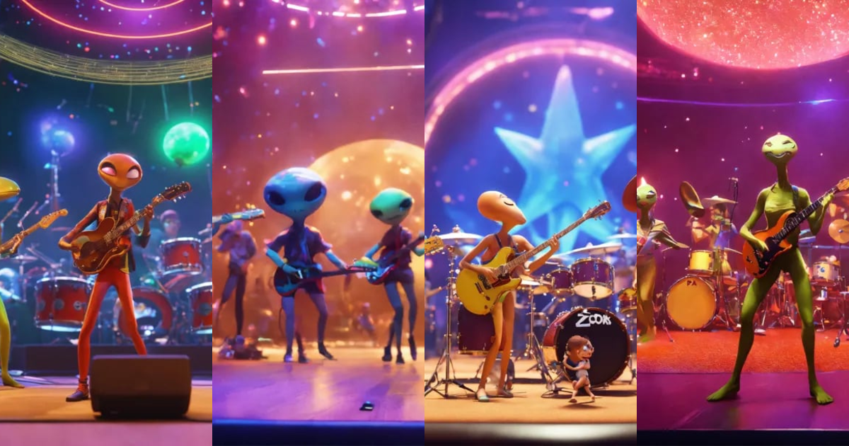 Lexica - Zoom out on tall funky big rockstar band playing strange alien ...