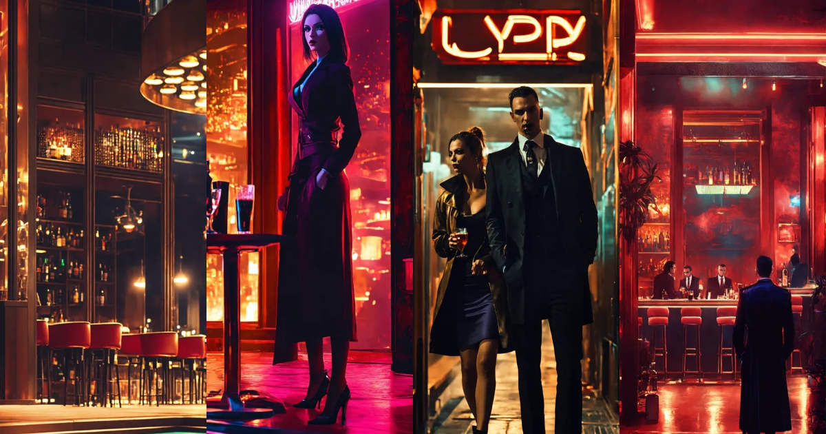 Lexica - Cinematic look, urban city night club bar with guests ...