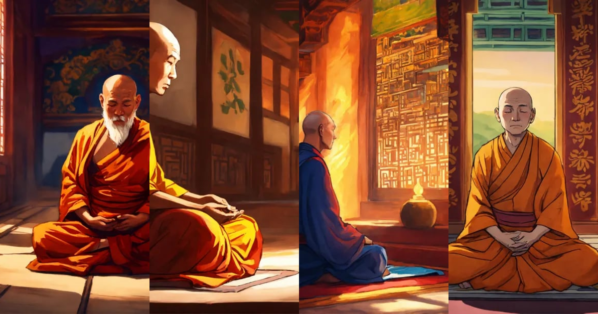 Lexica - A hand drawn painting of an old Buddhist monk engrossed in ...